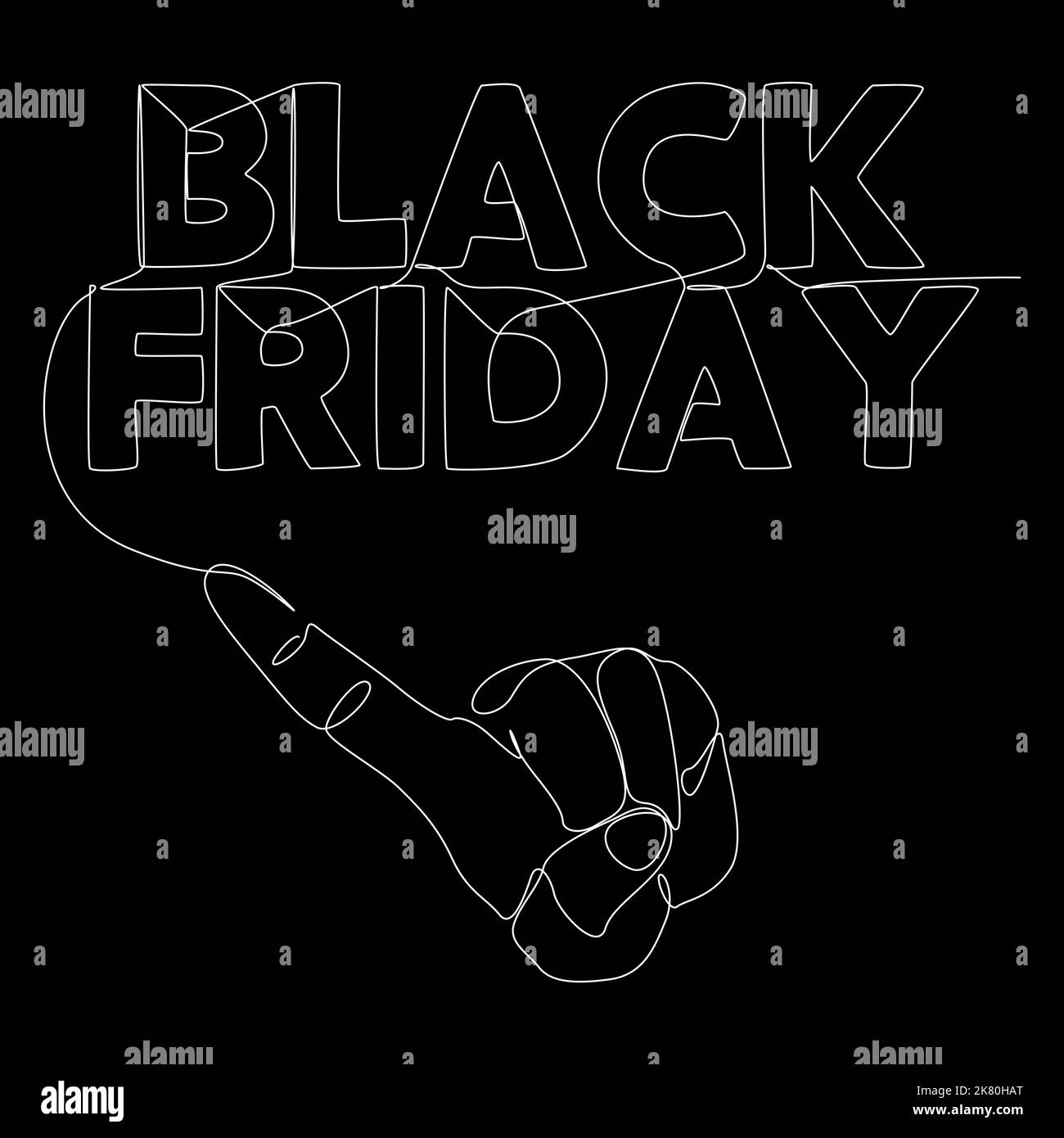 One continuous line of index finger pointng at Black Friday word. Thin ...