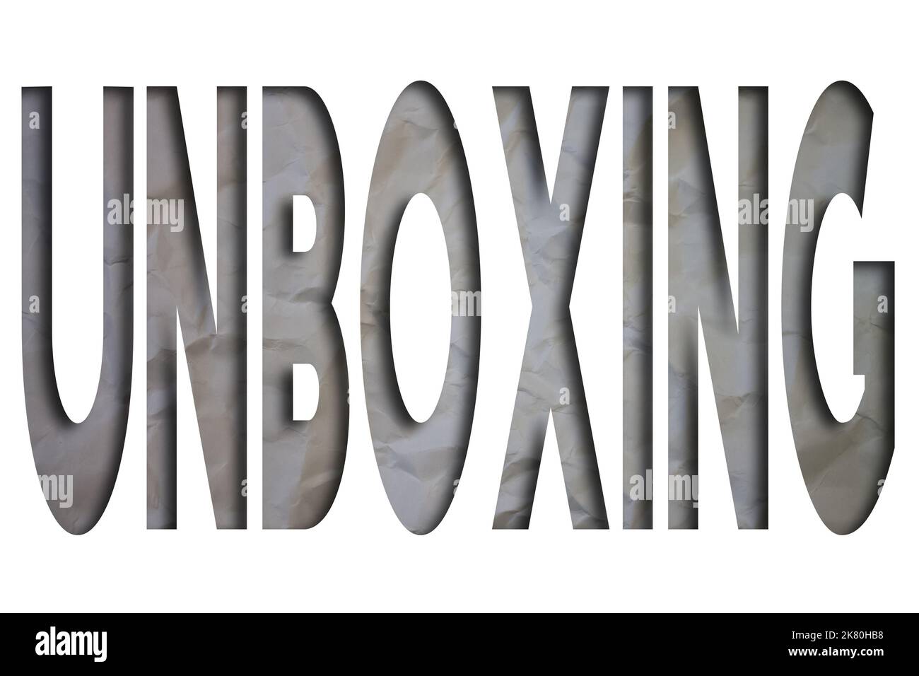 Unboxing text with Torn, Crumpled White Paper on colored background ...