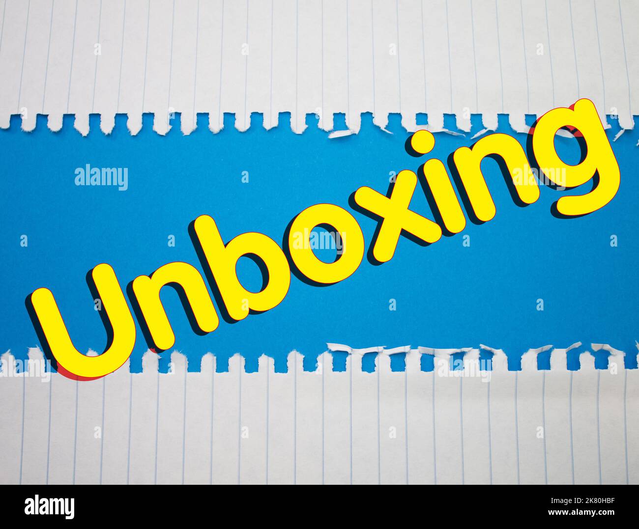 Unboxing text with Torn, Crumpled White Paper on colored background ...