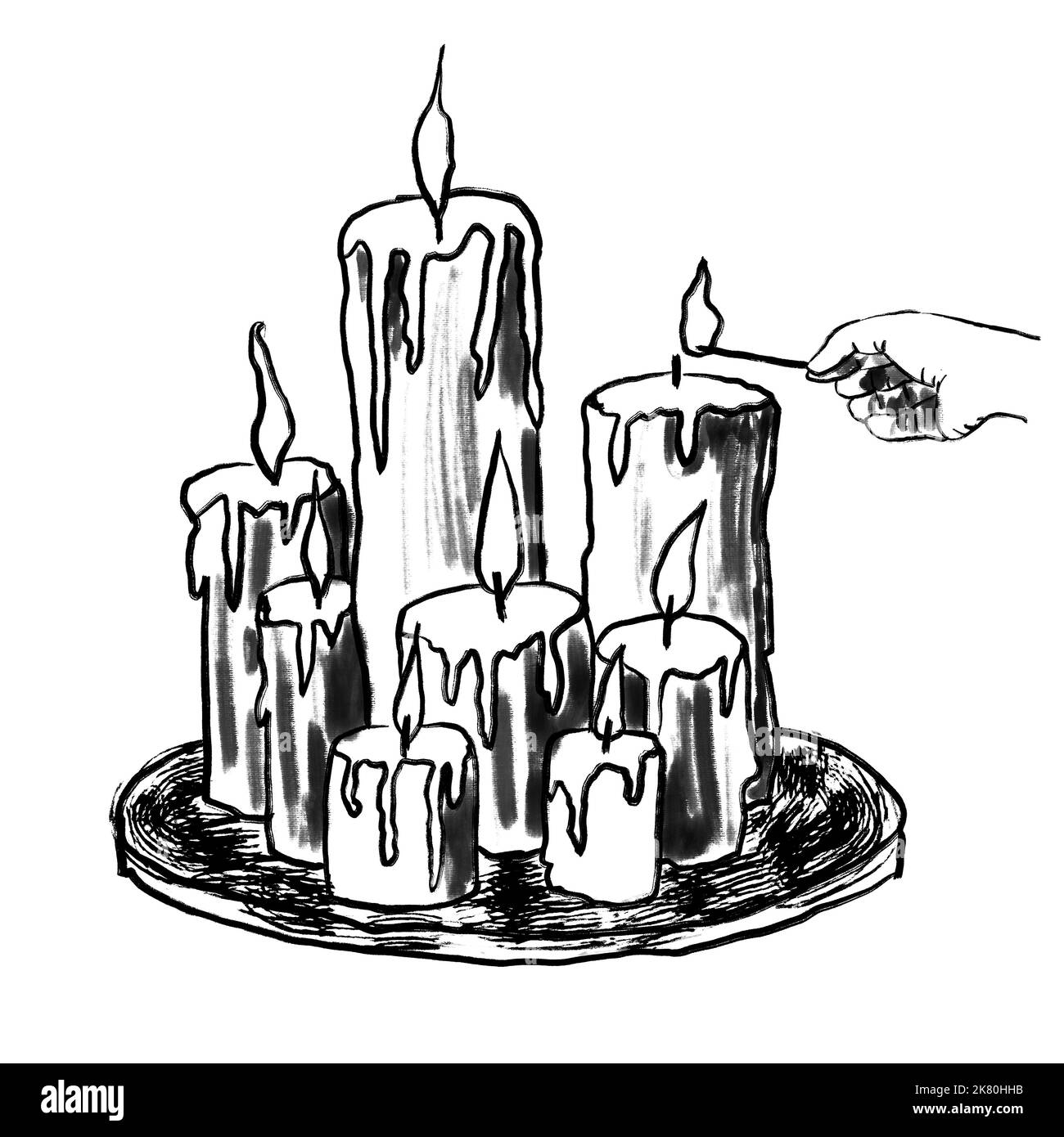 Hand drawn illustration of burning candles with match on plate. Witch ...