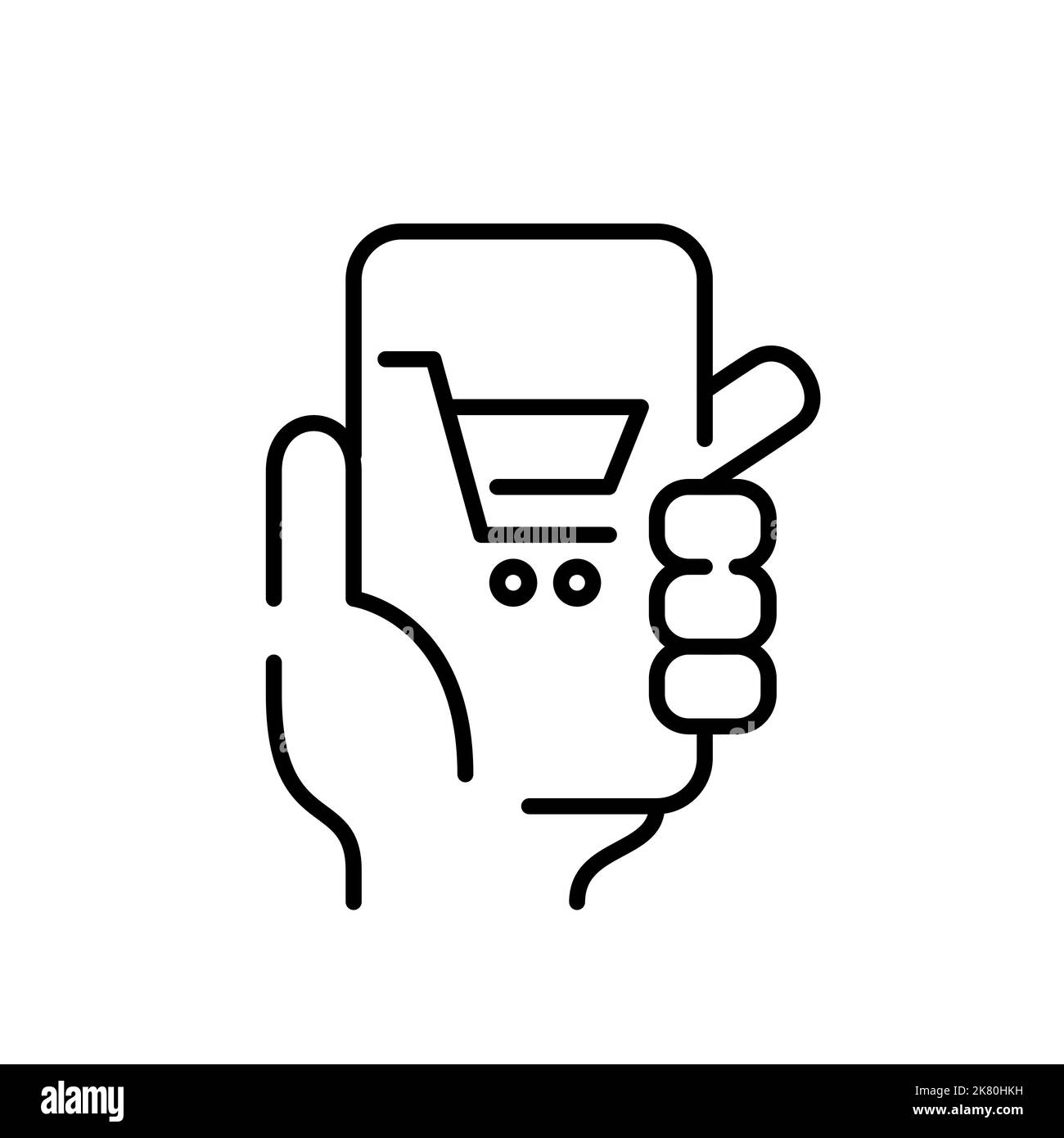 Online shopping. Hand holding smartphone with cart icon. Pixel perfect, editable stroke Stock ...