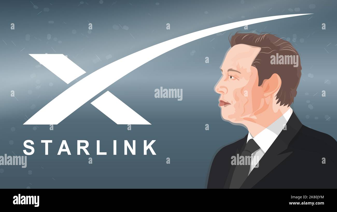 Elon Musk and Starlink logo. Modern satellite internet technologies ... Elon Musk and Starlink logo. Modern satellite internet technologies ...