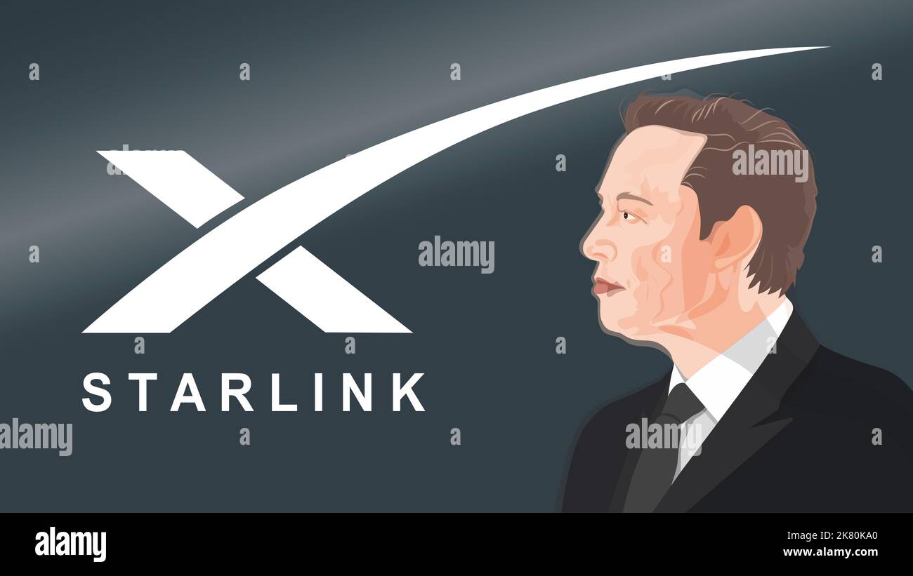 Elon Musk and Starlink logo. Modern satellite internet technologies ...