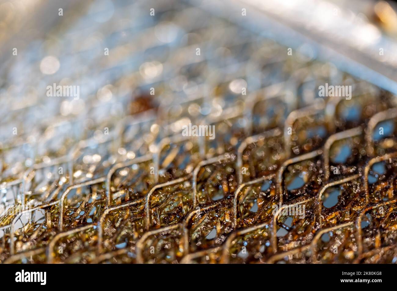 Selective focus macro of a dirty kitchen range hood filter clogged with ...