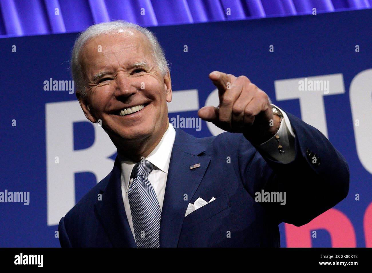United States President Joe Biden greets the audience after delivering ...