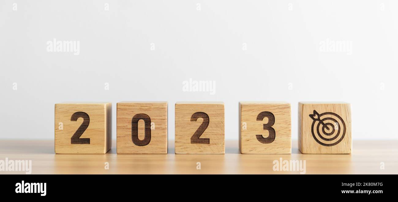 2023 block with dartboard icon. Goal, Target, Resolution, strategy, plan, Action, mission ...