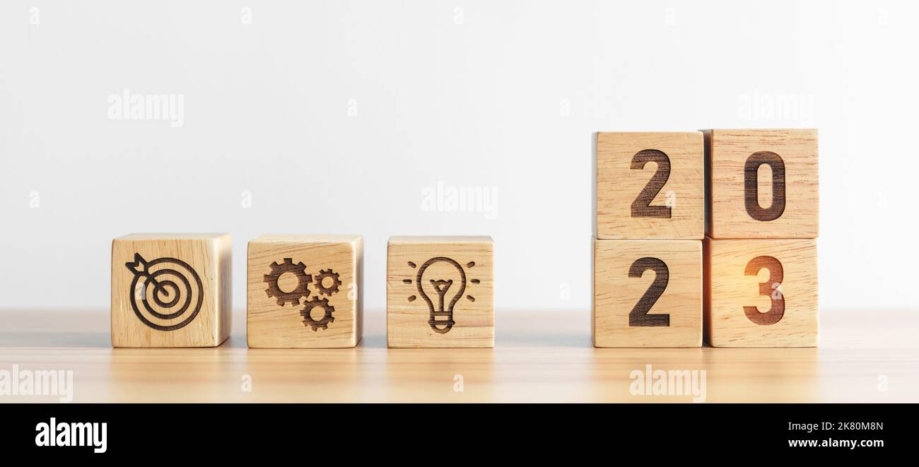 2023 wood block with business goal, plan. Action strategy, target ...