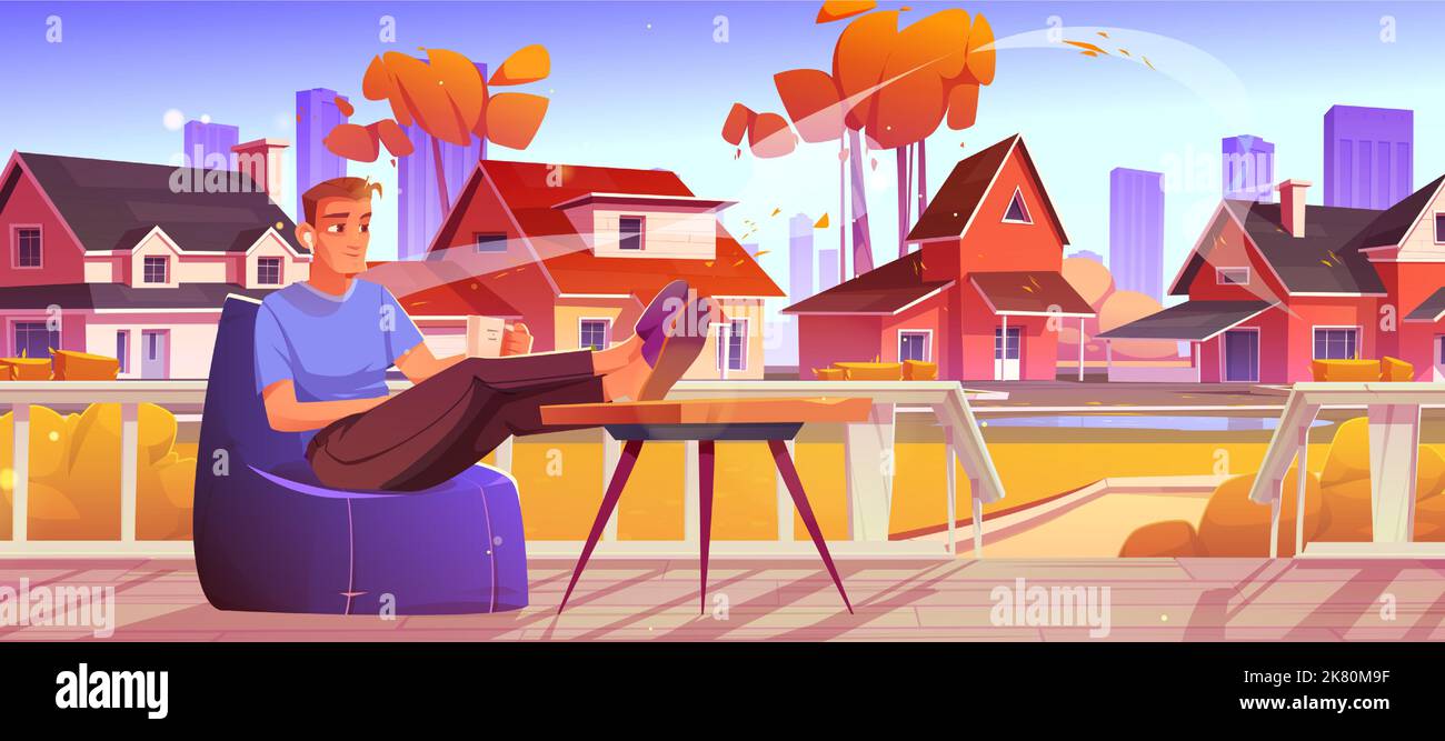 Man with coffee cup and earpods relax at outdoor home terrace at ...