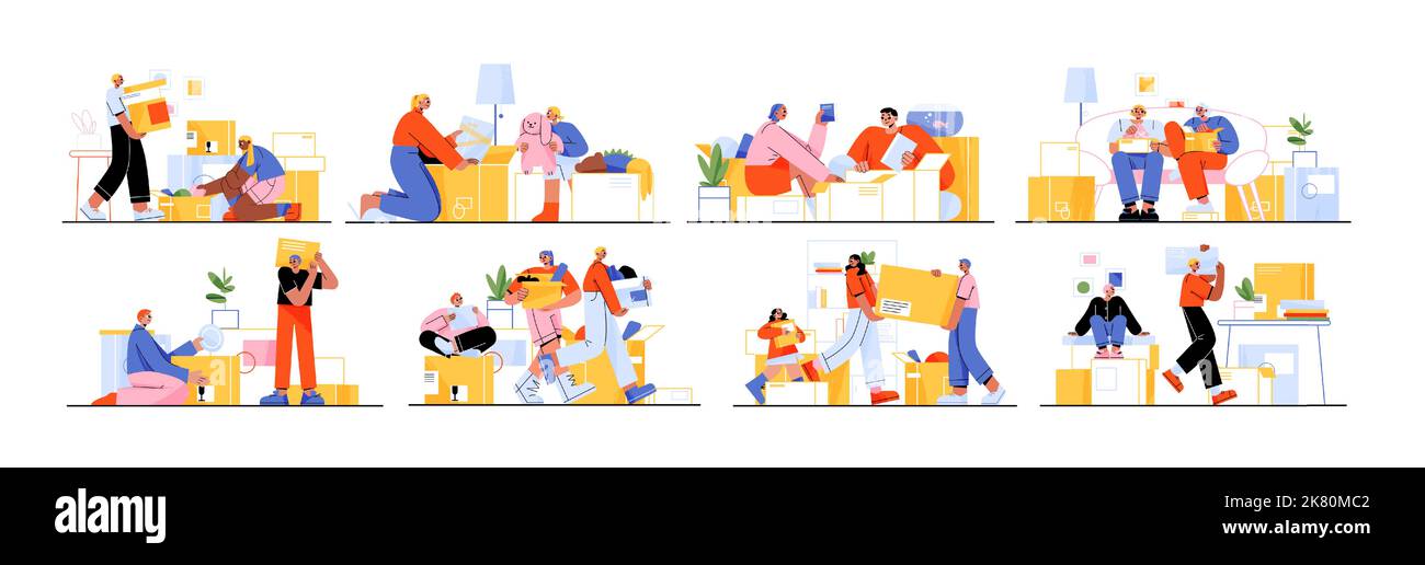 Happy family moving into new house, people relocation. Mother, father ...