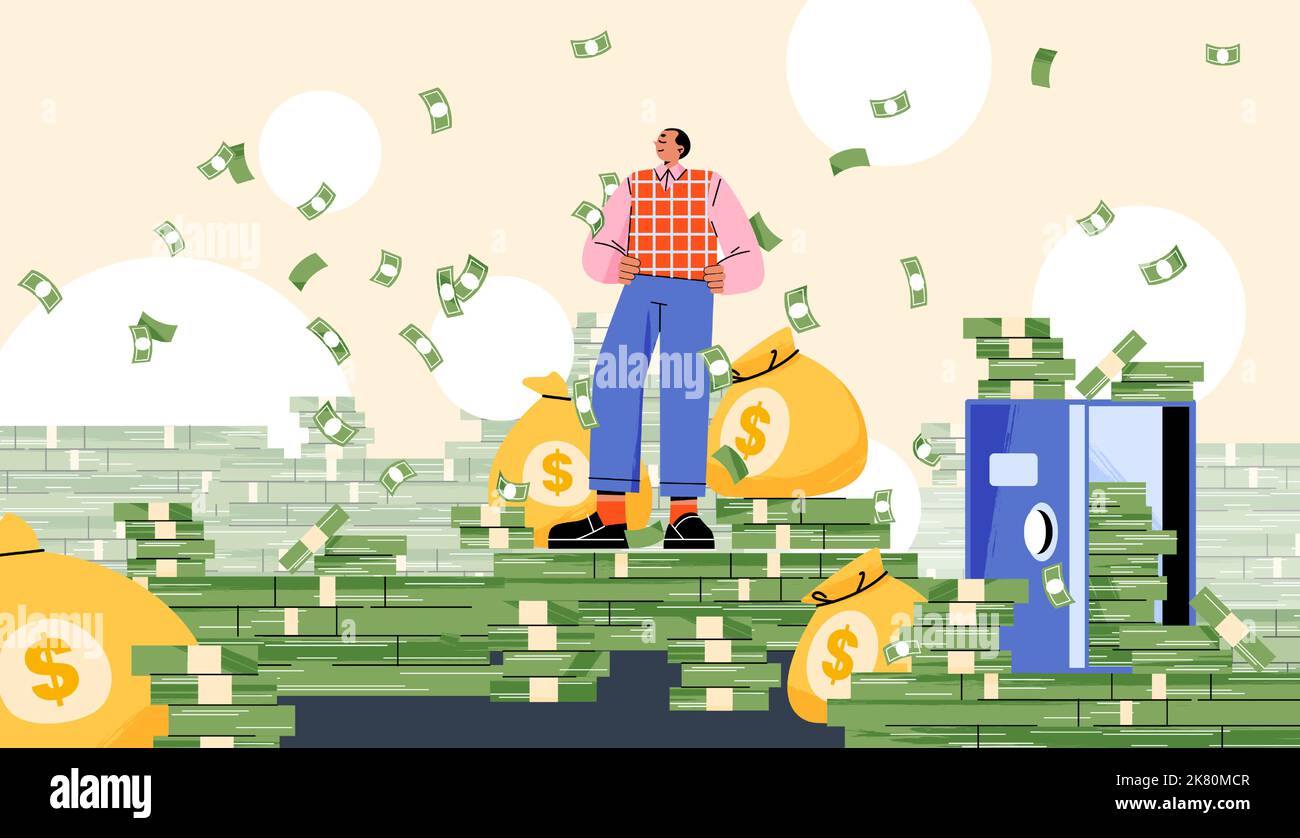 Rich man standing under money rain. Millionaire or successful ...