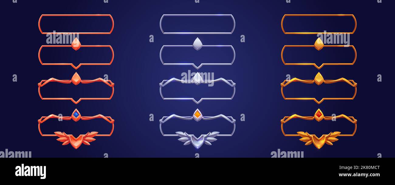 Game frames, bronze, gold and silver horizontal borders with ornate rims. Ui level plaques ...