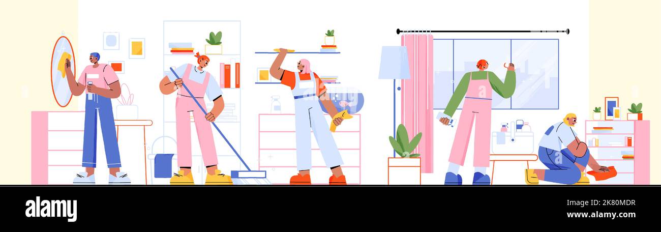 Cleaning service workers cleanup home or office interior. Janitors team ...