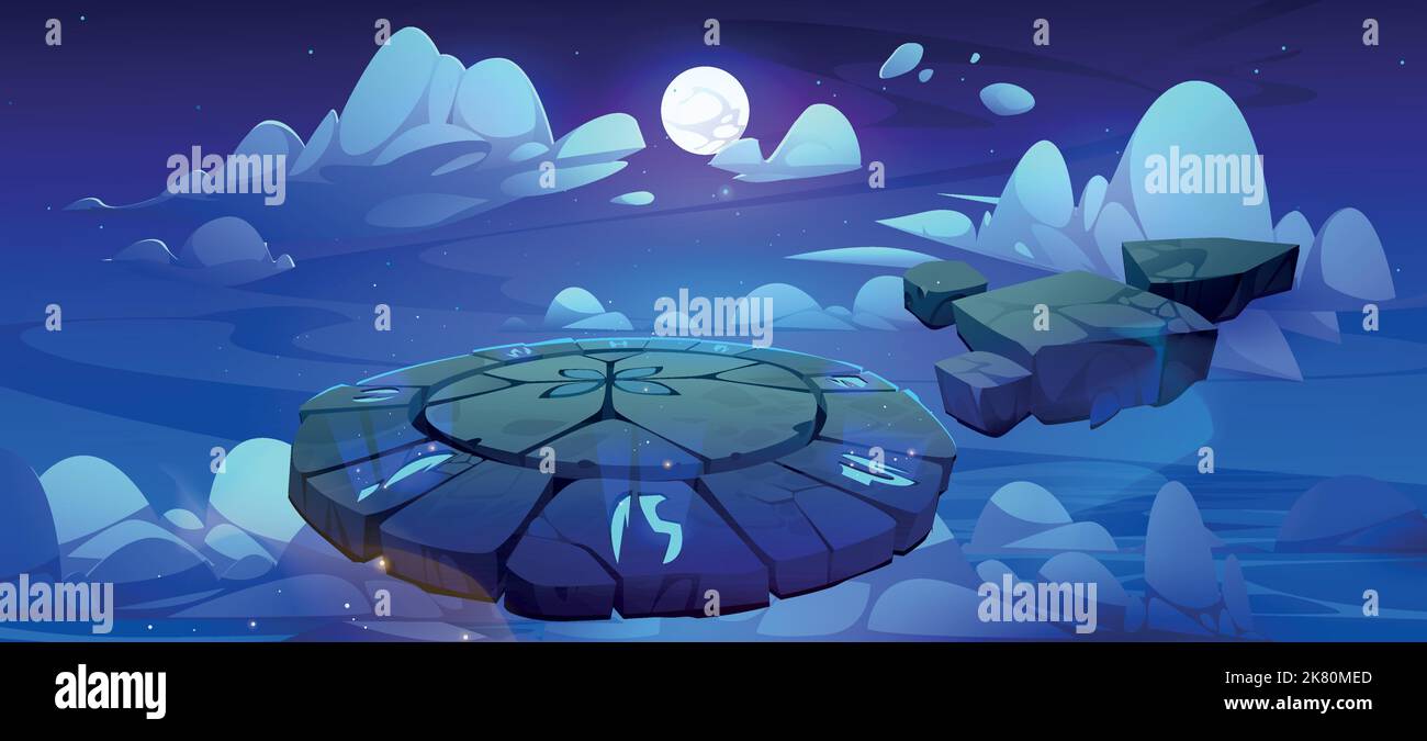 Battle arena, magic altar with runes in float night sky with clouds ...