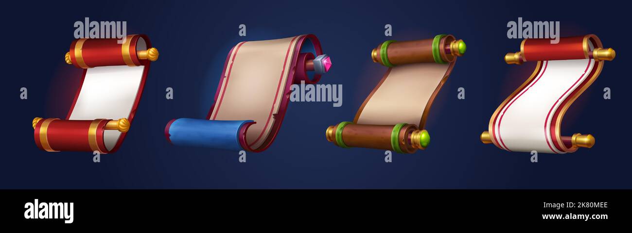 Cartoon set of magic parchment paper scrolls isolated on dark ...