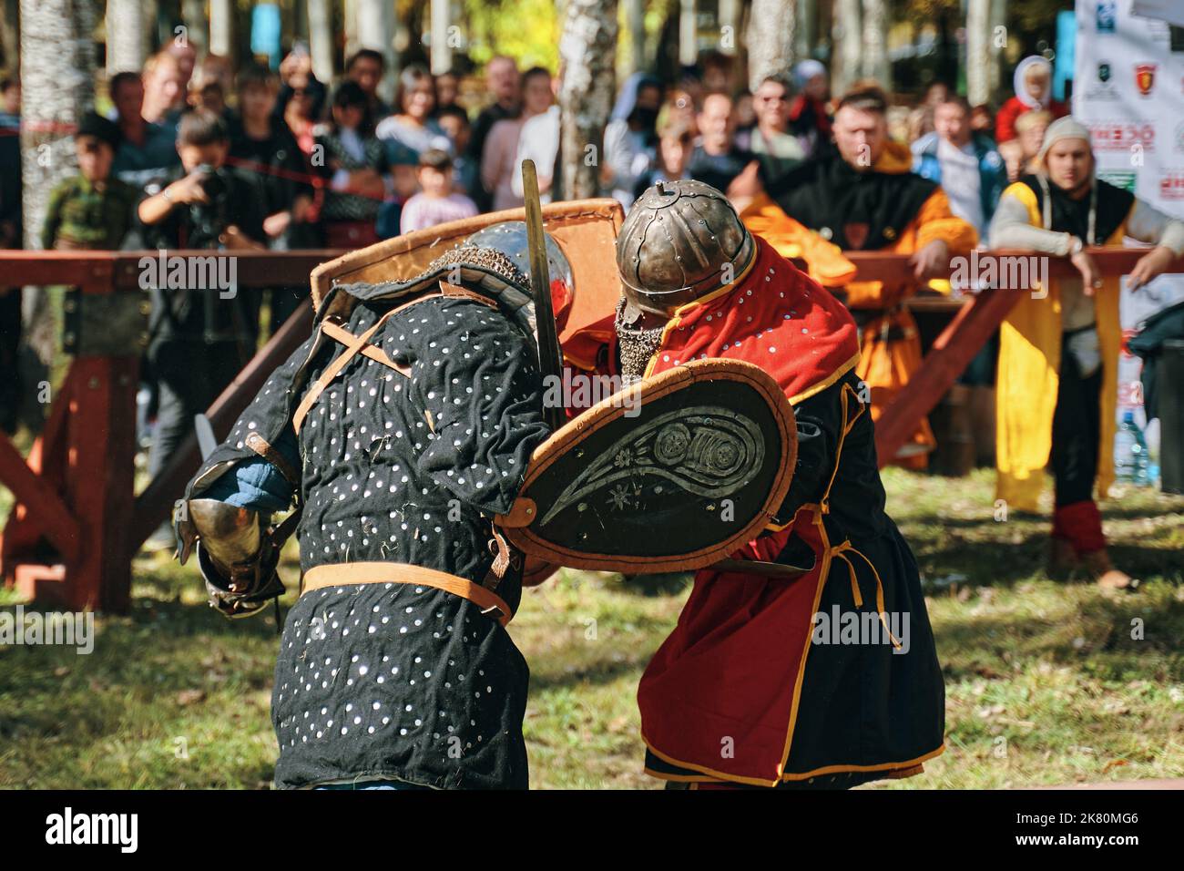 Sword fighting. Shield with the emblem of the historical club Stock ...