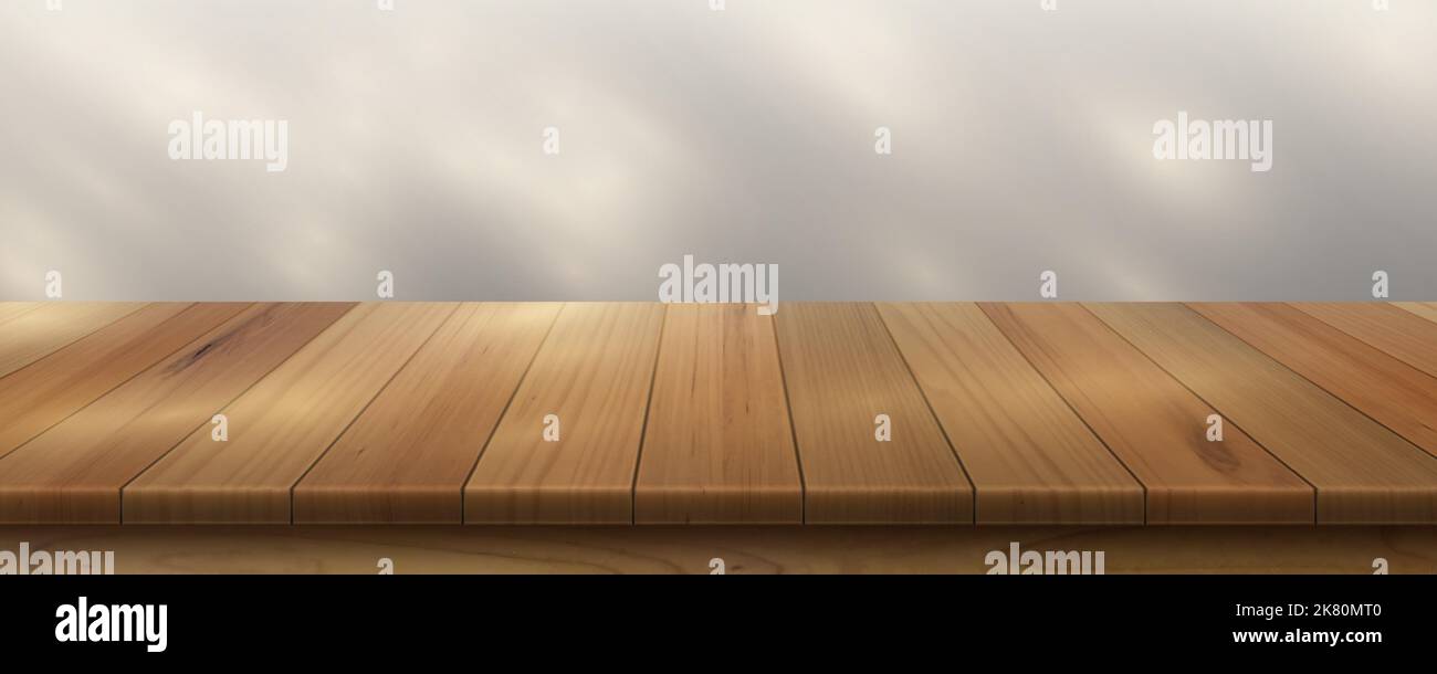 Wooden kitchen tabletop with sunlight, wood table foreground front view ...
