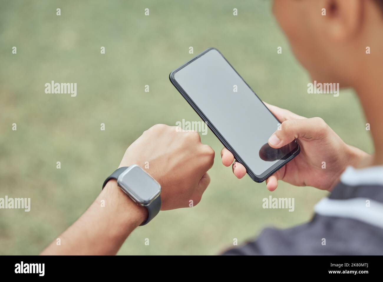 Fitness smart watch, mockup phone and man exercise progress, workout ...