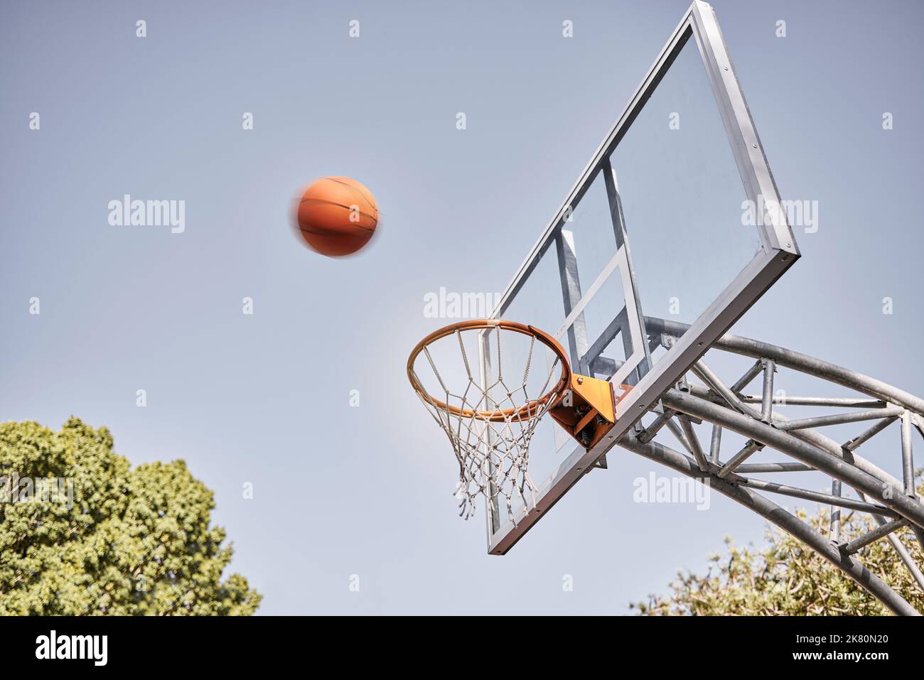 Basketball net, ball and outdoor sports goals, competition game and ...