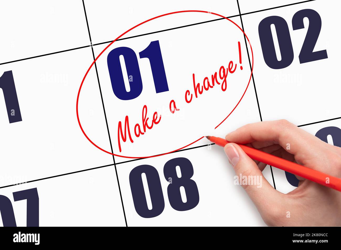 1st day of the month. Hand writing text MAKE A CHANGE and circling the ...