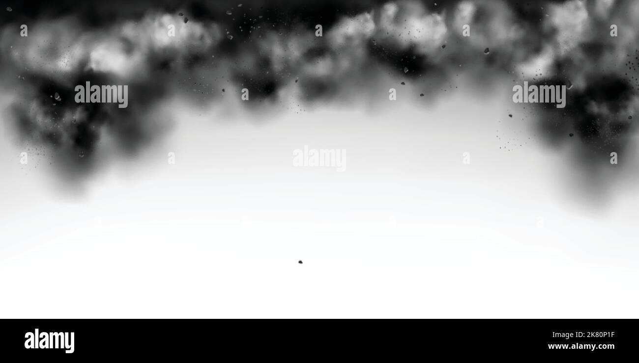 Black smoke with fire, dark fog clouds or steam trails. Industrial smog ...