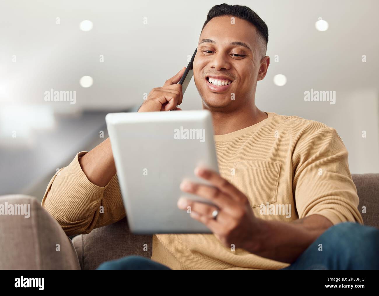 Phone call, tablet and communication with a black man on the internet ...
