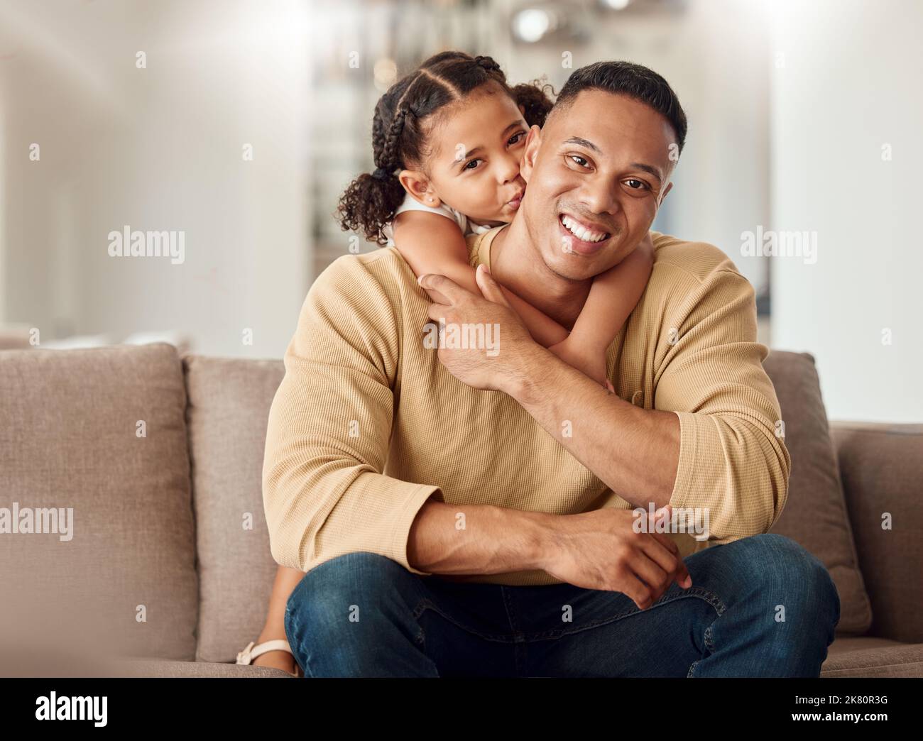 Relax, love and daughter with father on sofa and hug for family, happy ...