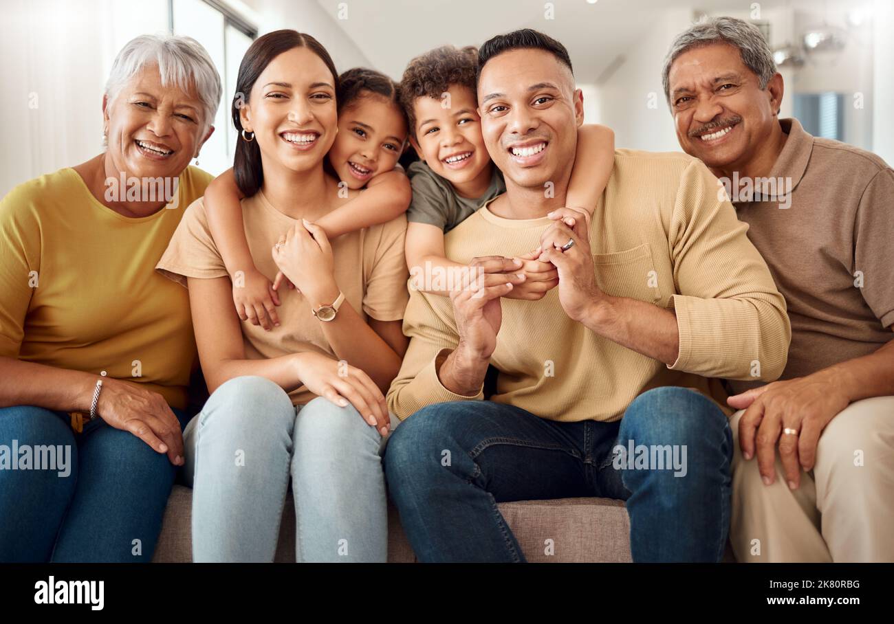 House, portrait and happy big family love enjoying quality time ...