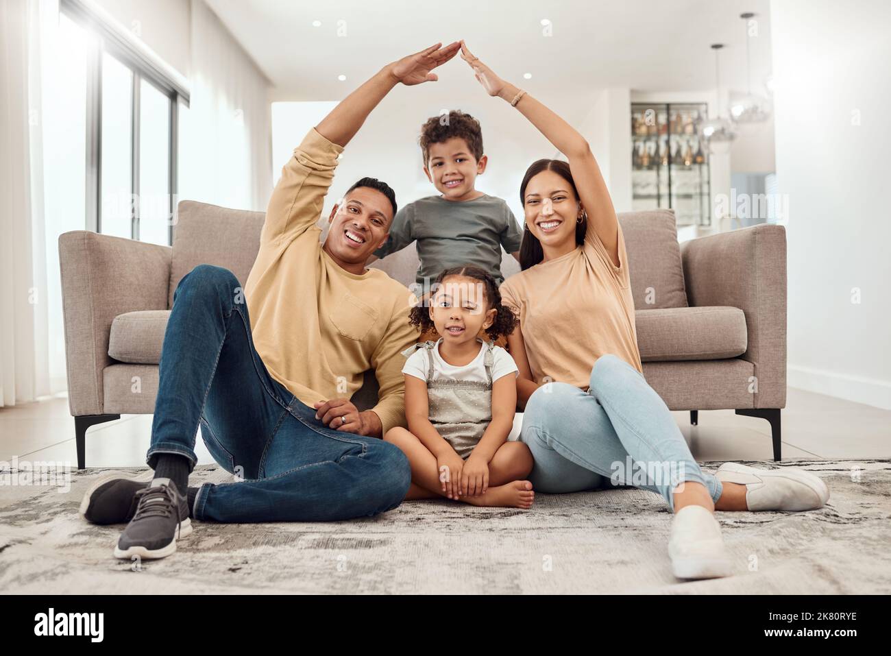 Roof, children and parents with security in their house with love, care ...