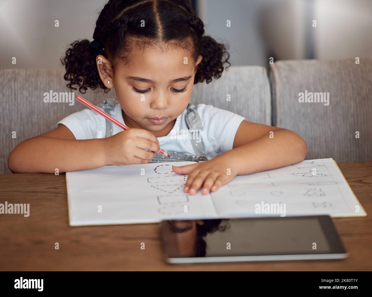 Education, homework and child writing in notebook for preschool e ...