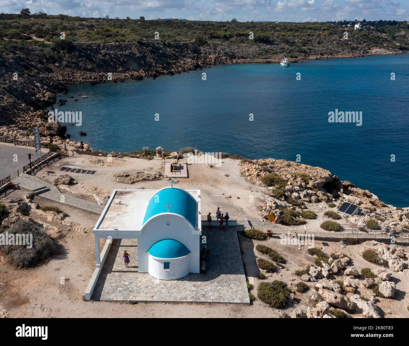 Aerial view of the small chapel of Agioi Anargyroi, Cape Greco National ...