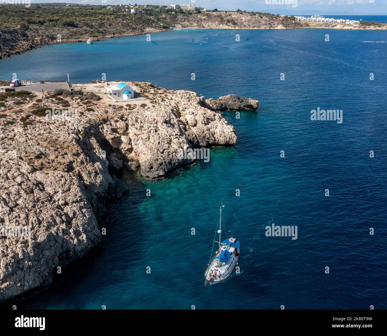 Aerial view of the small chapel of Agioi Anargyroi, Cape Greco National ...