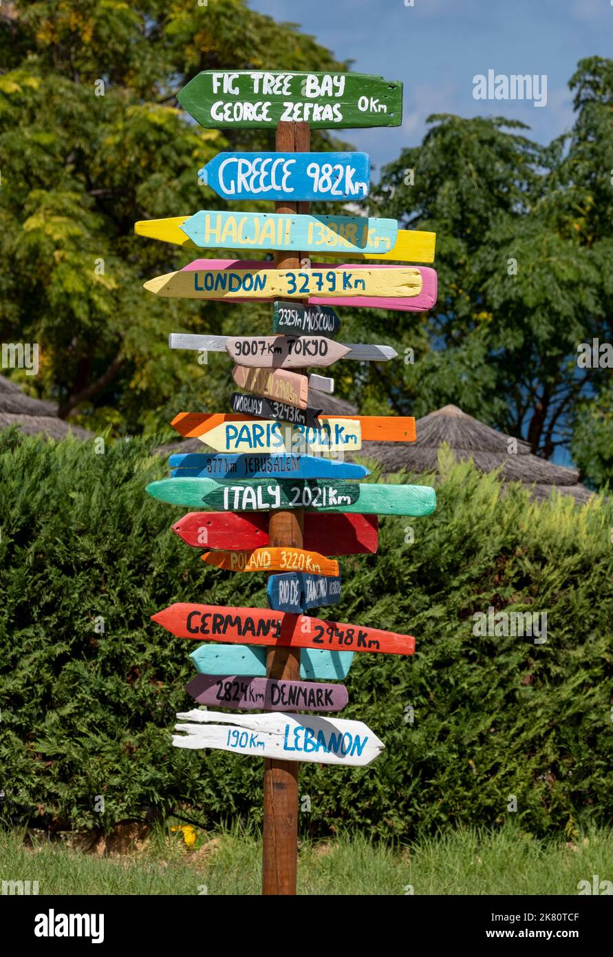 Tourist destination distance sign, Fig Tree Bay, Cyprus Stock Photo - Alamy