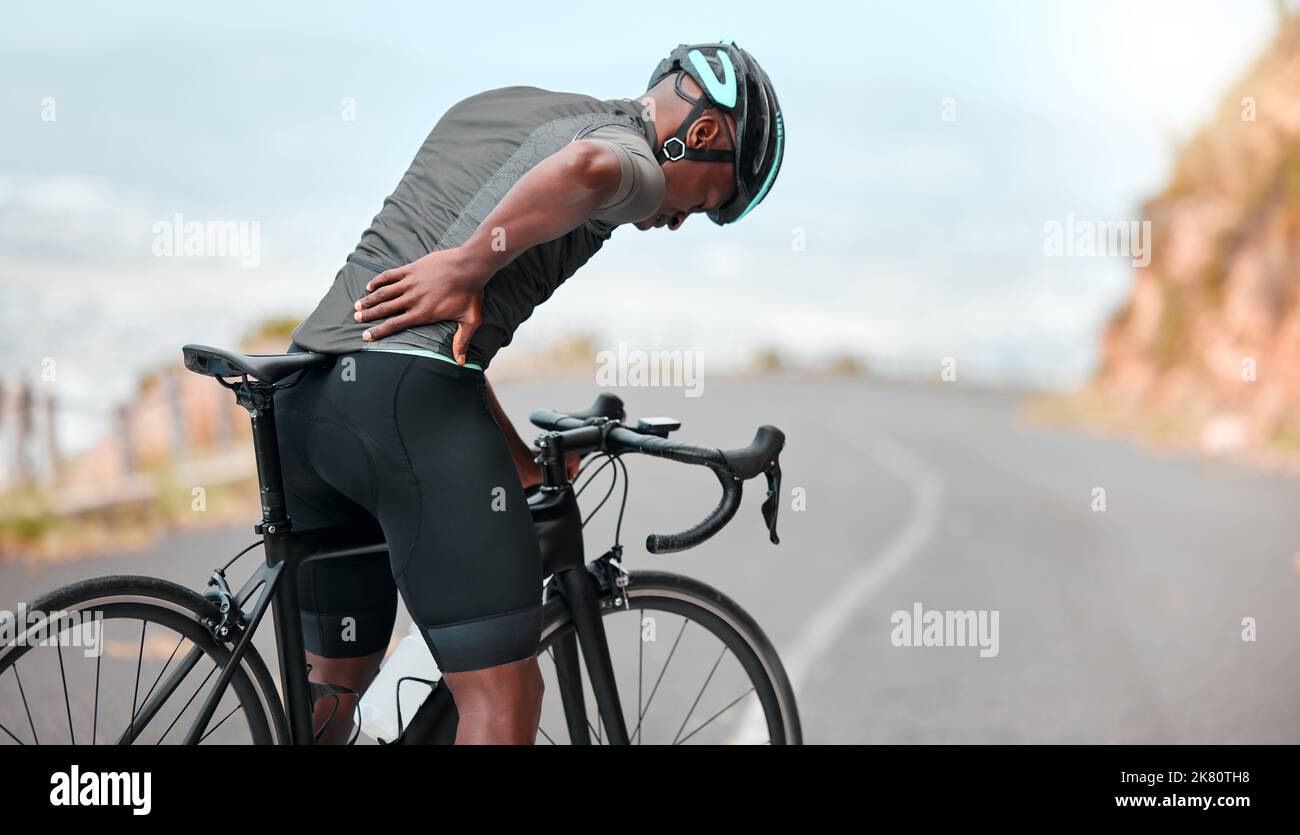 Fitness, sports injury and back pain by man cyclist feel uncomfortable ...