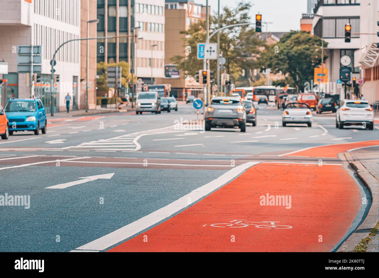 Painted bike and cycle path on the streets of the city. Alternative ...
