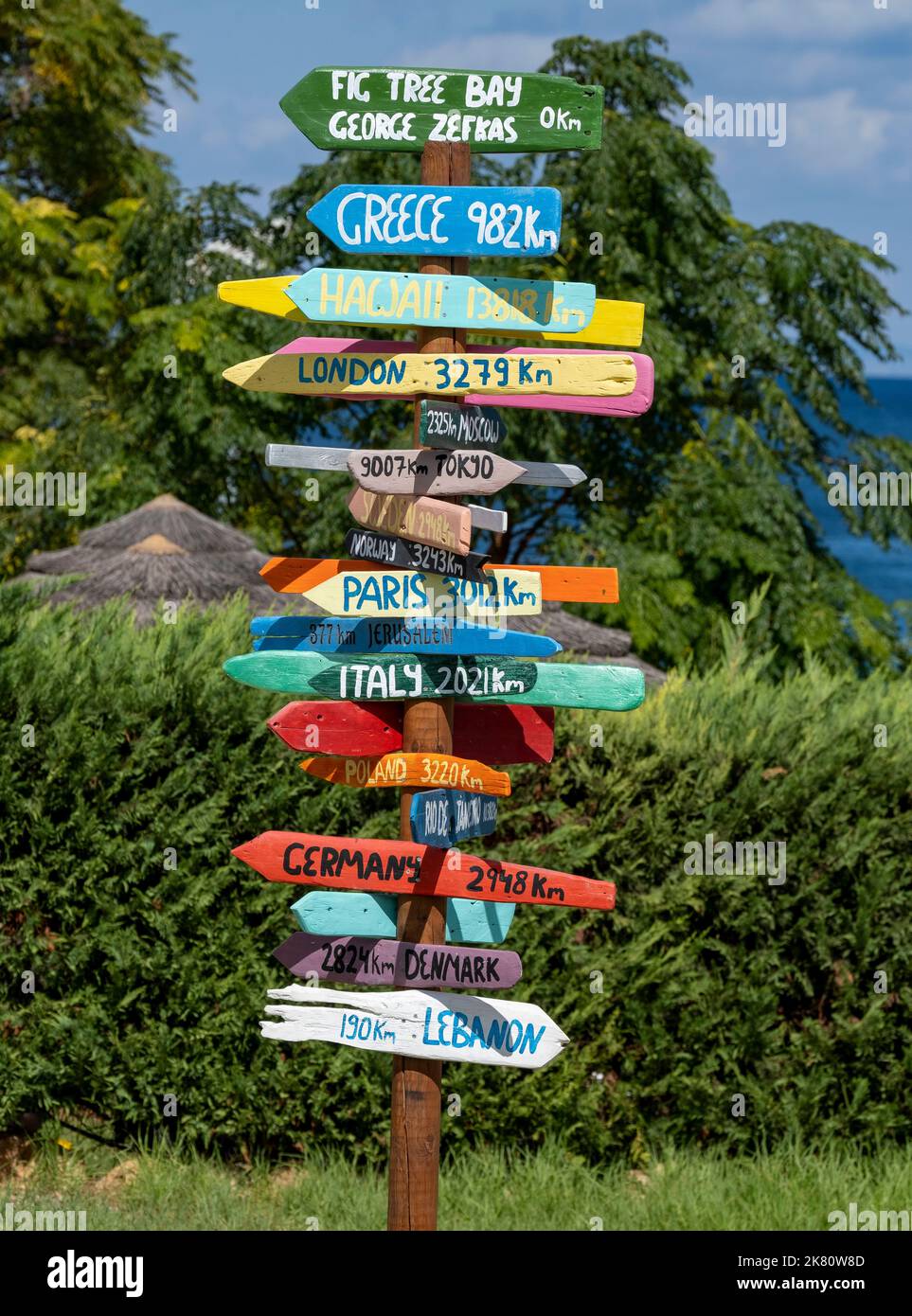 Tourist destination distance sign, Fig Tree Bay, Protaras, Cyprus Stock ...