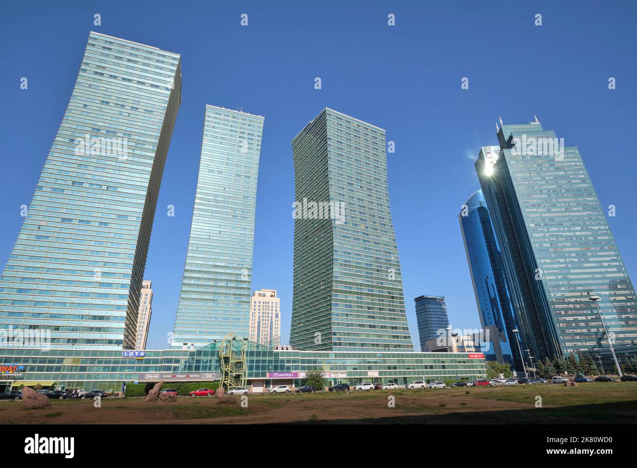 A view of the tall, curvy, modern, blue, glass Northern Lights cluster ...