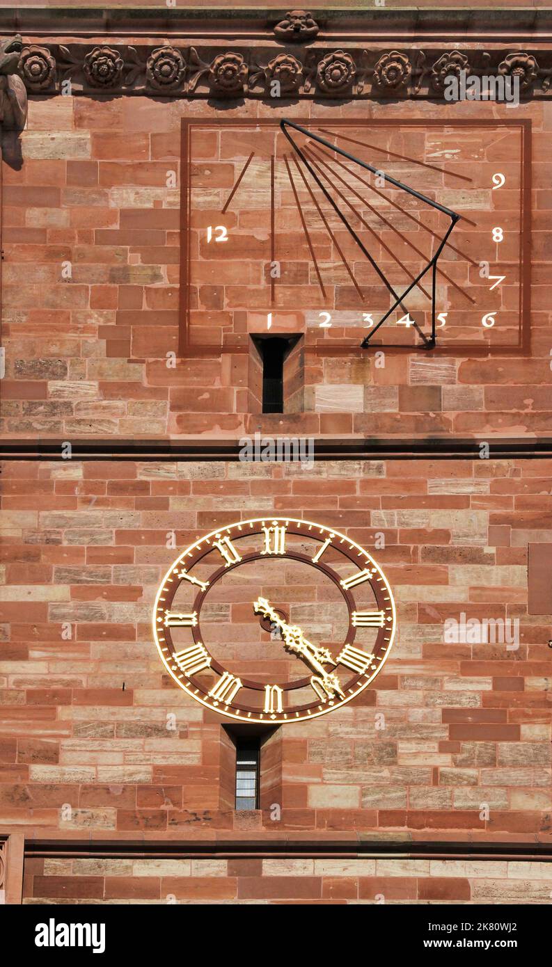 Sundial and mechanic clock on Basel Cathedral, which were built in ...