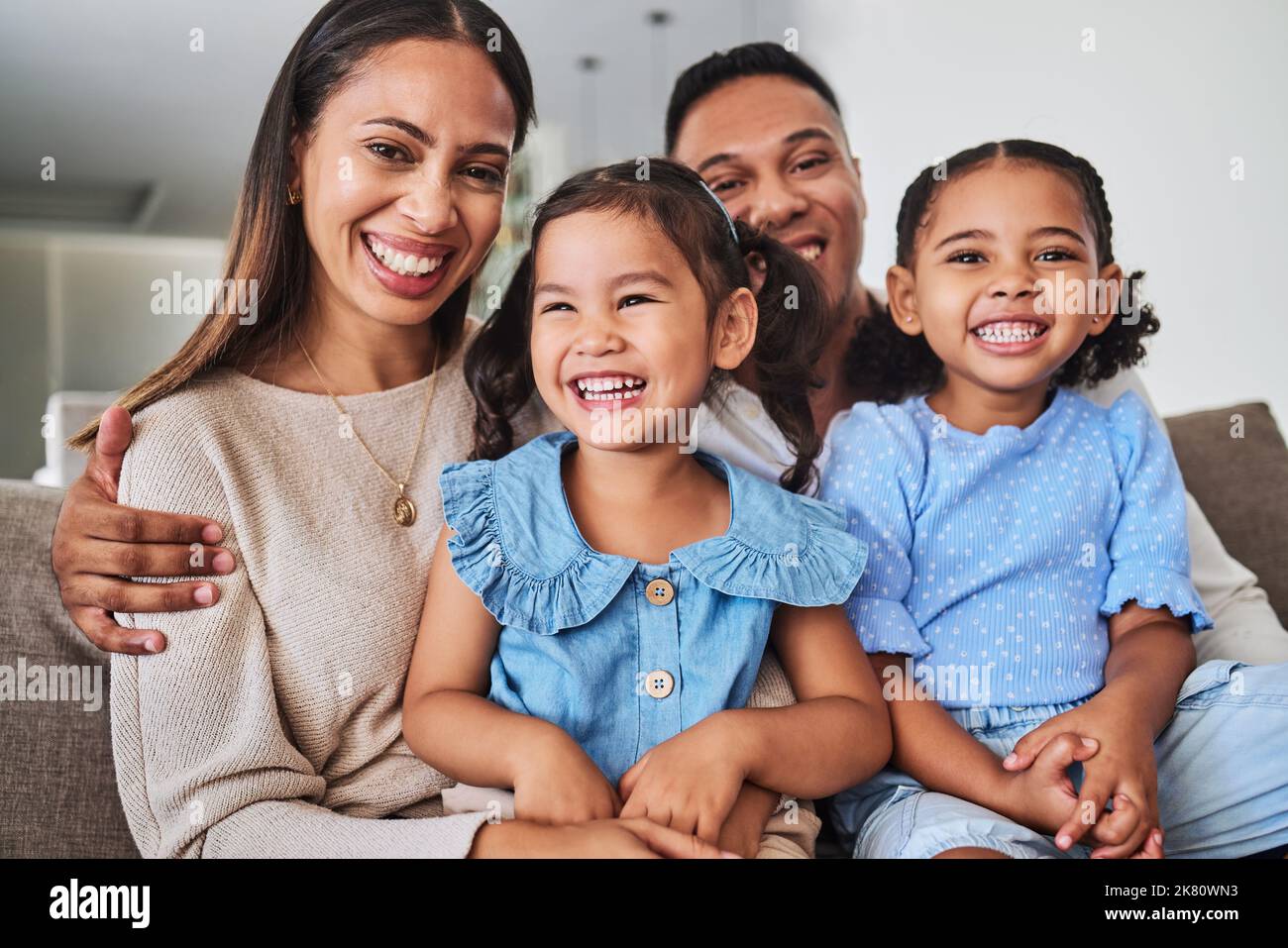 Mother, father and kids with smile for family bonding time relaxing at ...