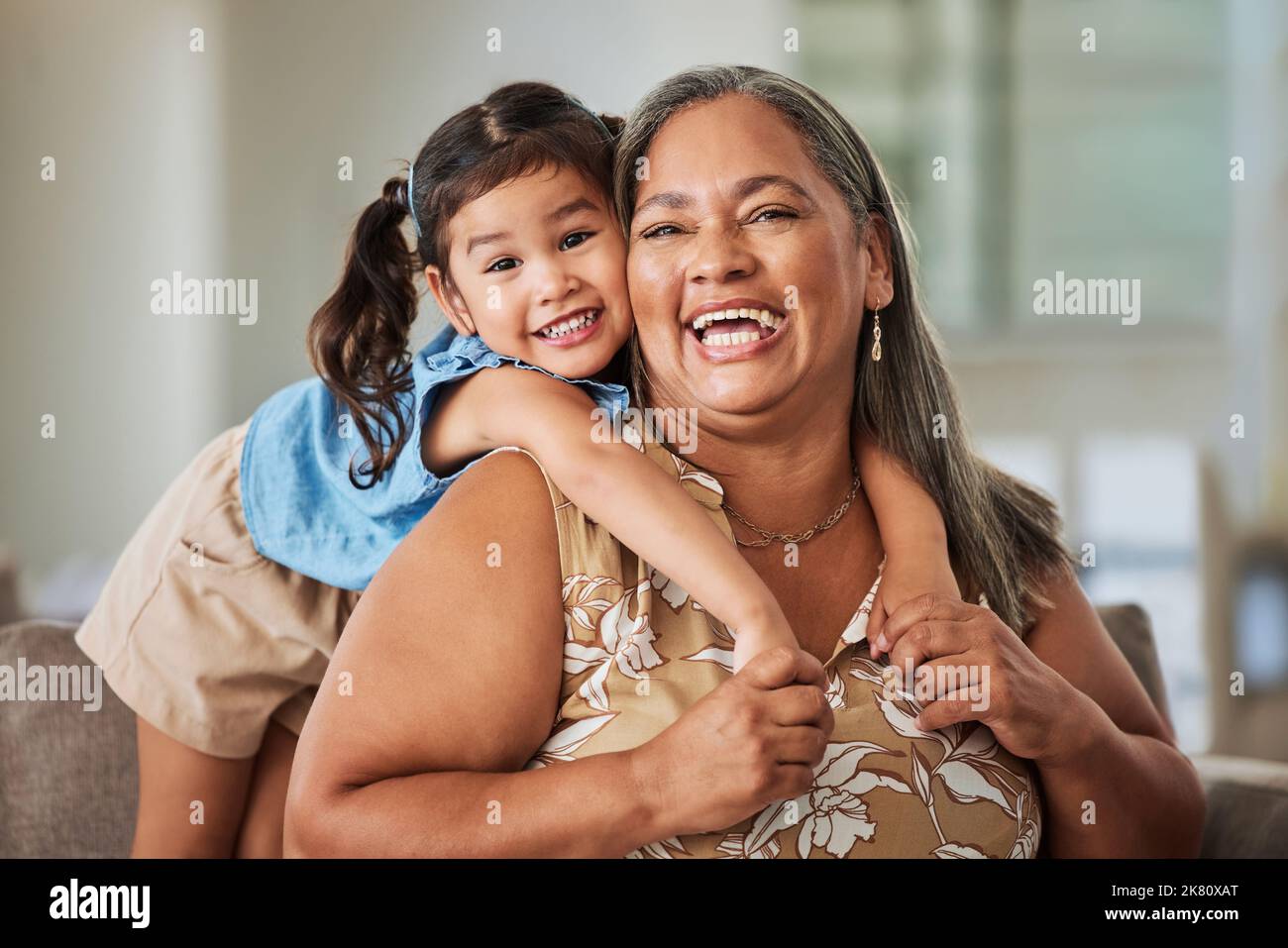 Portrait, child and happy grandma love family bonding moments, memories ...