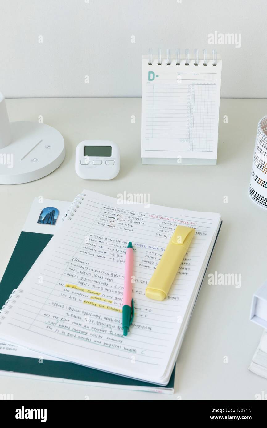 studying at home, study desk setup timers, handwriting notes, and ...