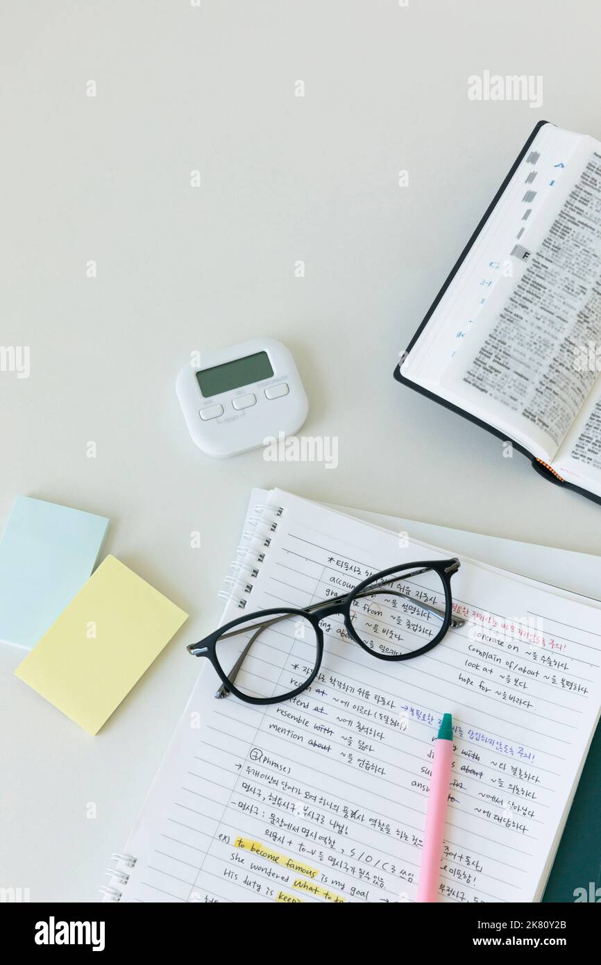 studying at home, study desk setup timers, handwriting notes, and ...