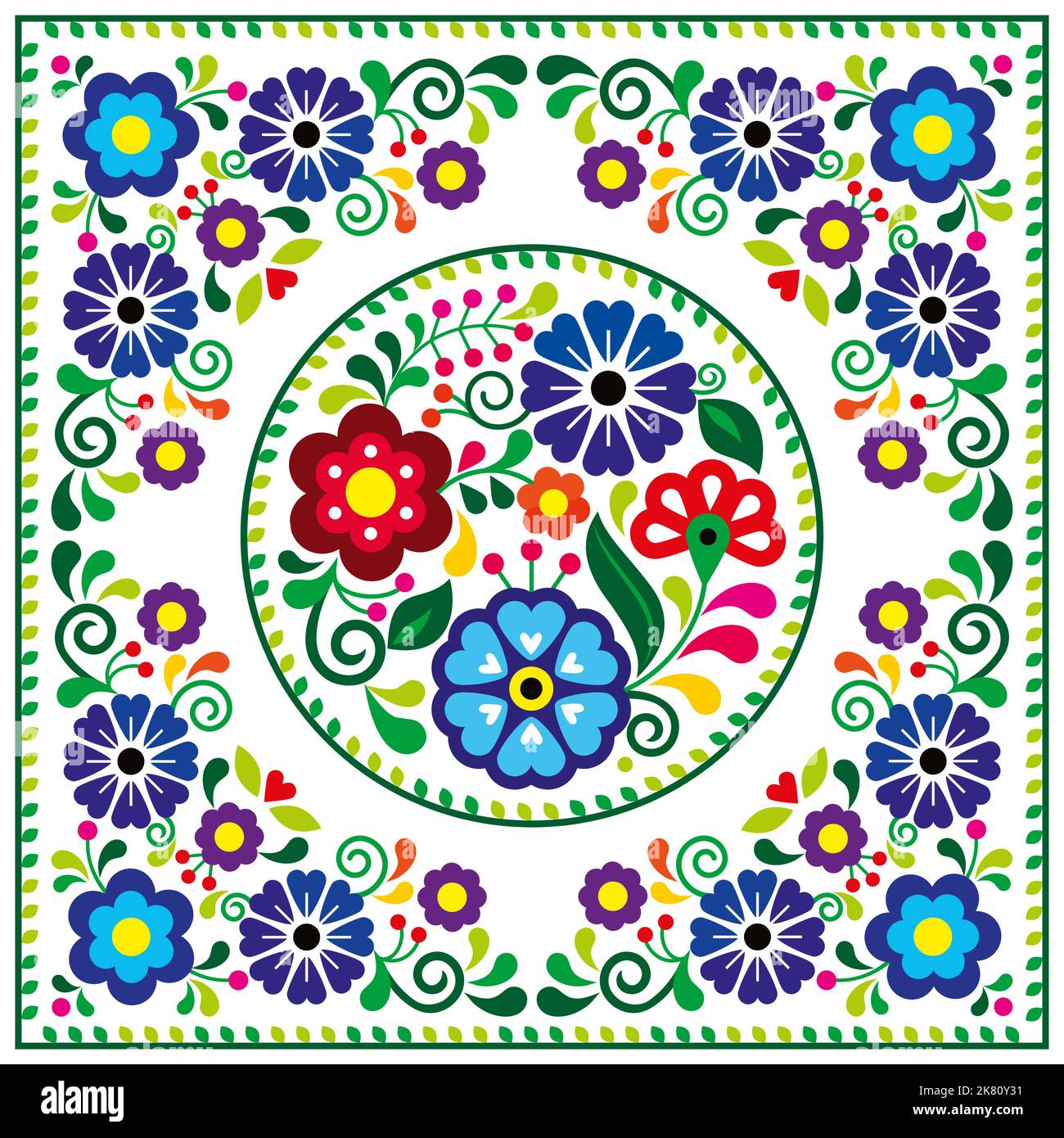 Mexican folk art style vector greeting card design with round floral ...