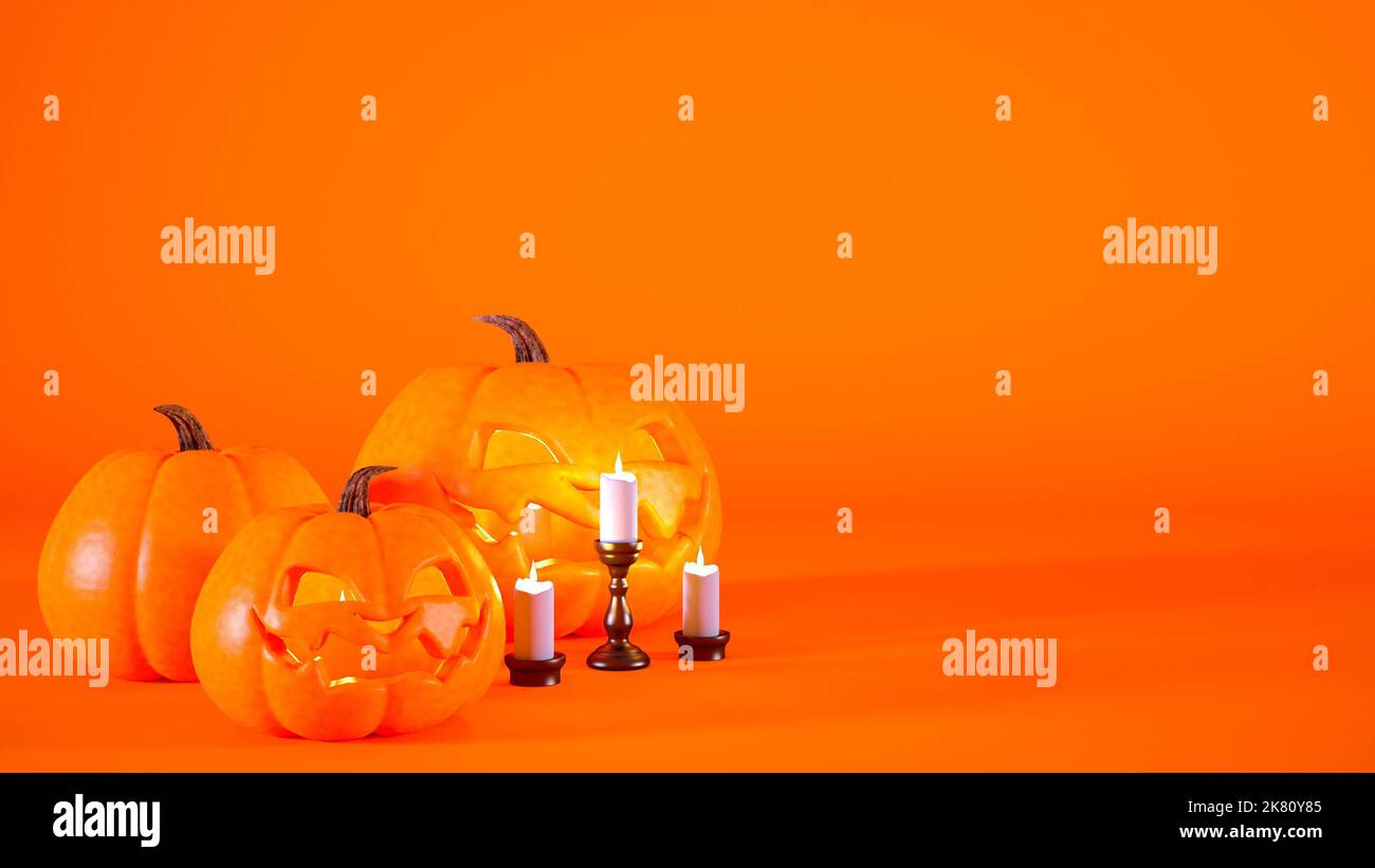 Halloween concept orange backdrop with pumpkins, lanterns and candles ...