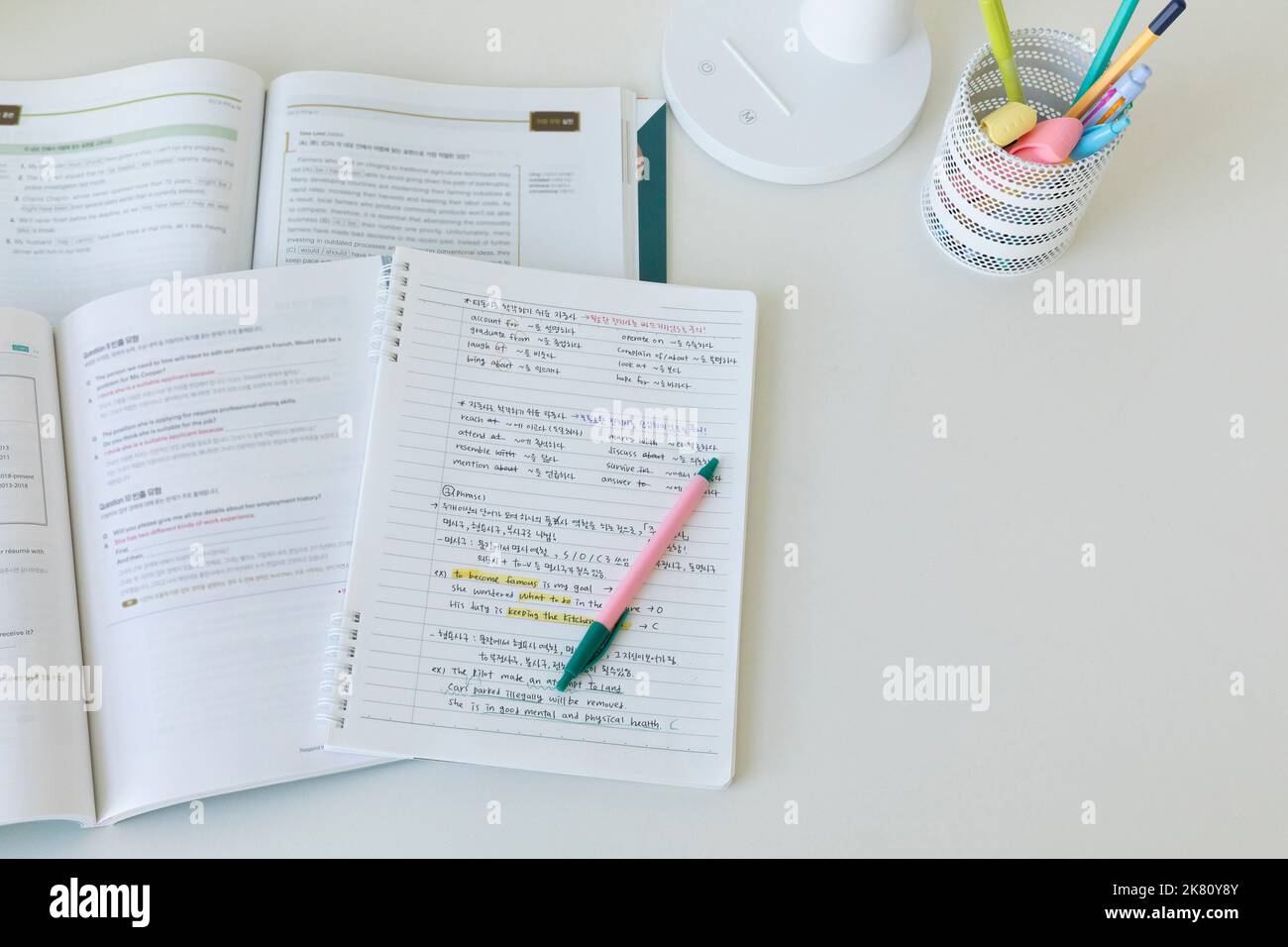 studying at home, study desk setup handwriting notes and open workbooks ...