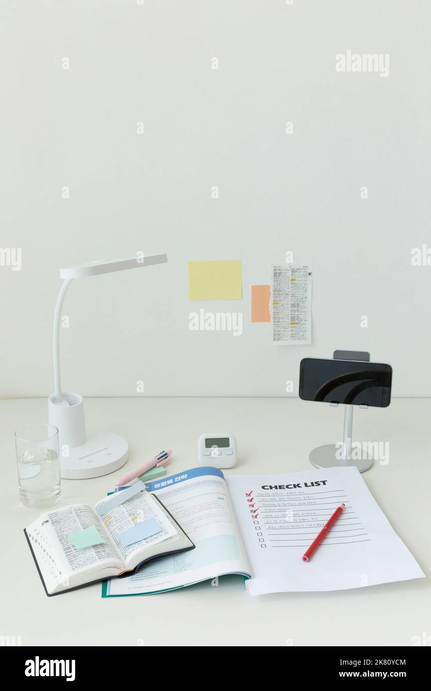 studying at home, study desk setup watching video lectures Stock Photo ...