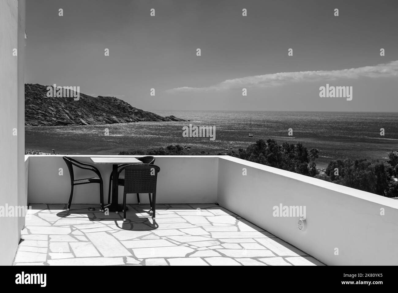 Hotel balcony greece ocean Black and White Stock Photos & Images - Alamy