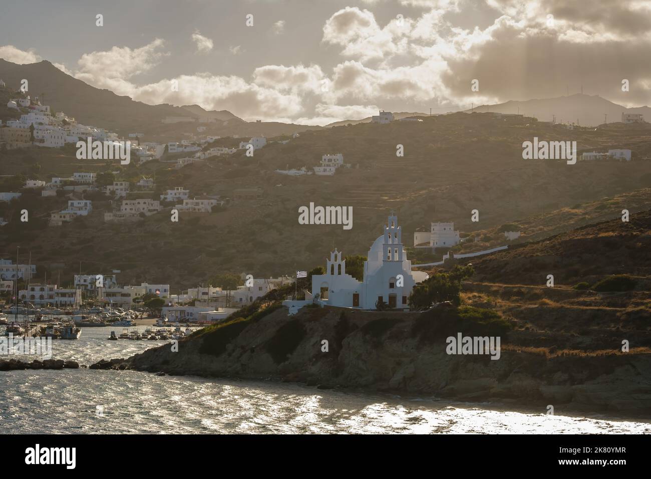 Panoramic view of the church Agia Irini, the port and the village of ...