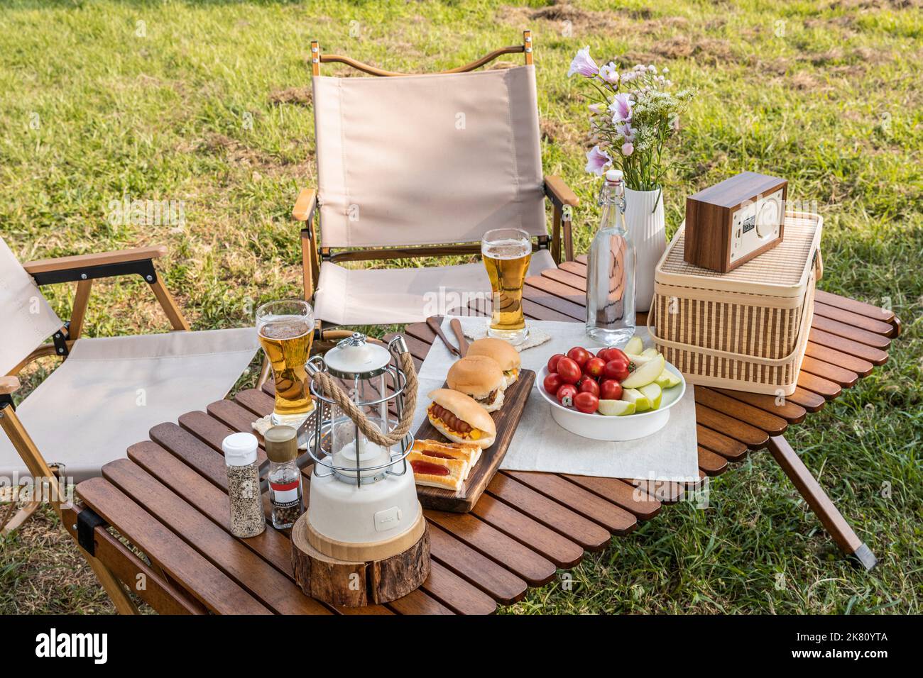 camping mood aesthetics beer and side dishes served on the tablet Stock ...