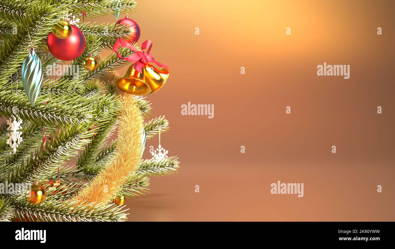 Close up christmas tree gold background with red gift boxes and copy ...
