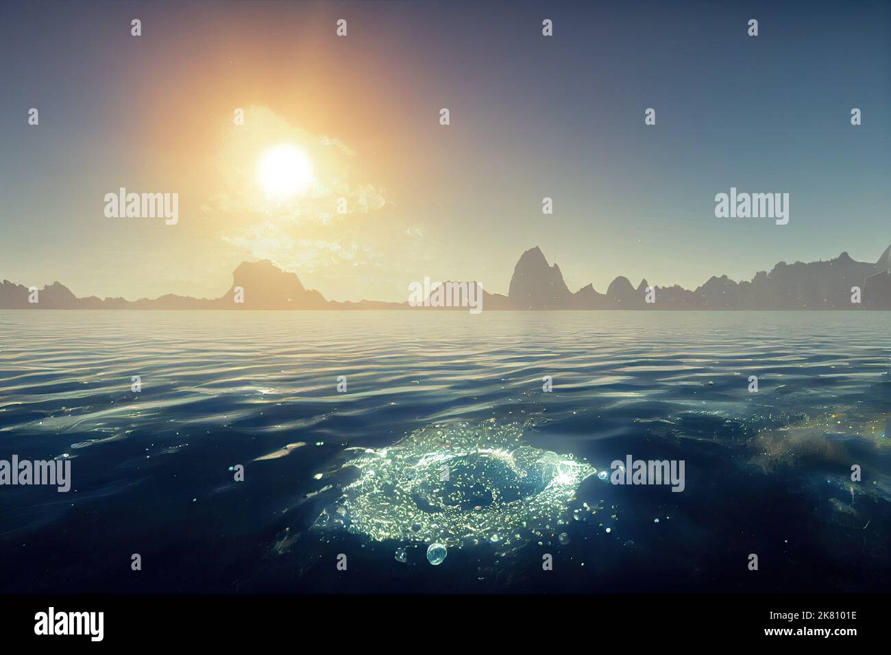 drone view of an underwater explosion and gas leak of the sea surface ...